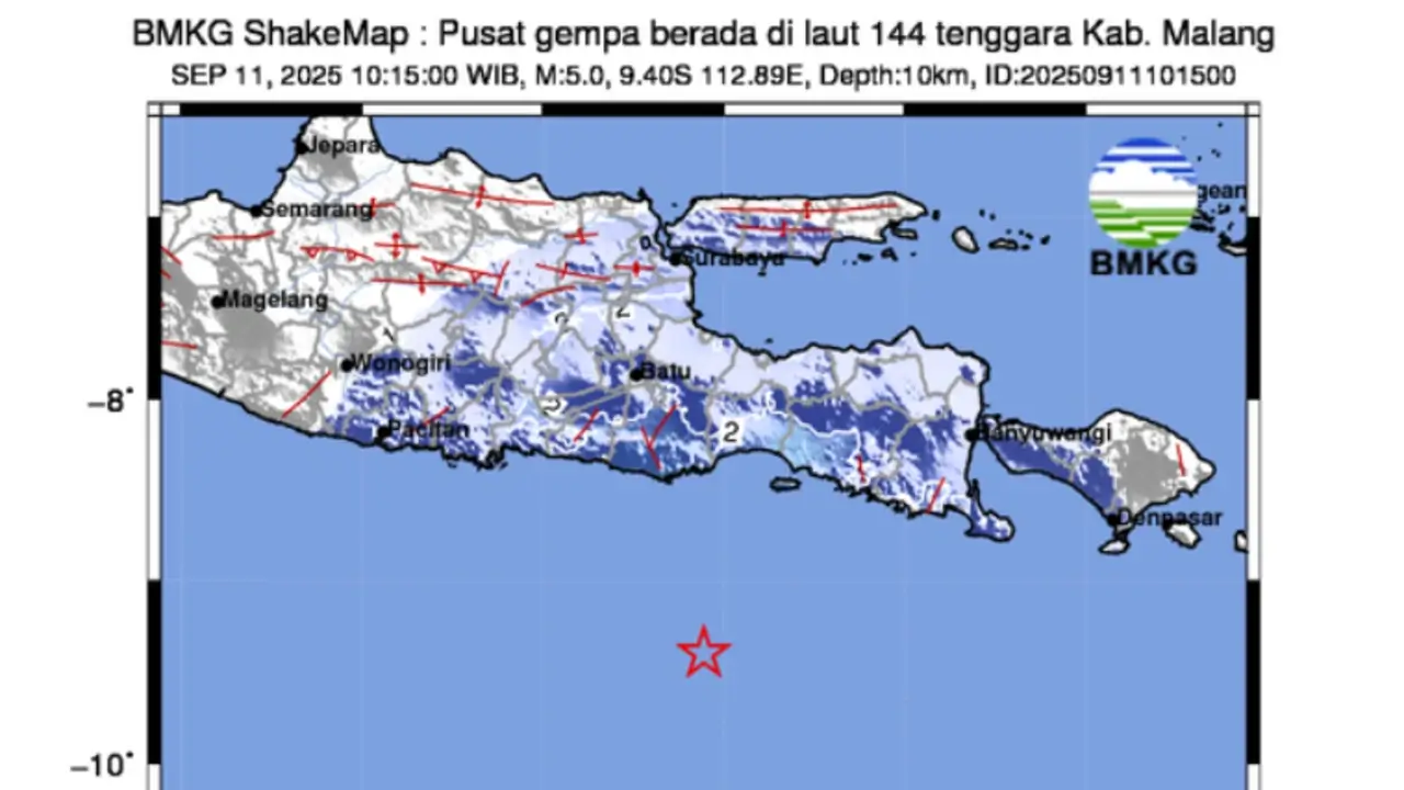 BMKG Laporkan Gempa M 5,0 di Laut Malang Hari Ini 11 September